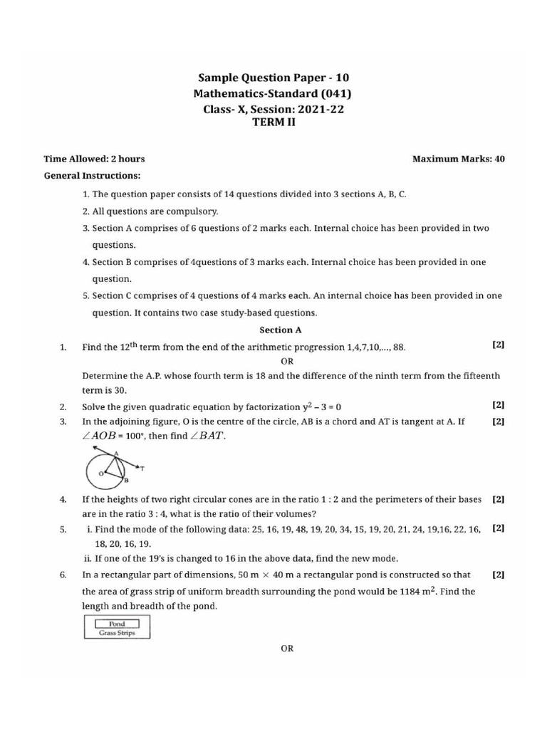 10th Maths (Standard) Sample Paper-10 Term-2 (2021-22) | PDF