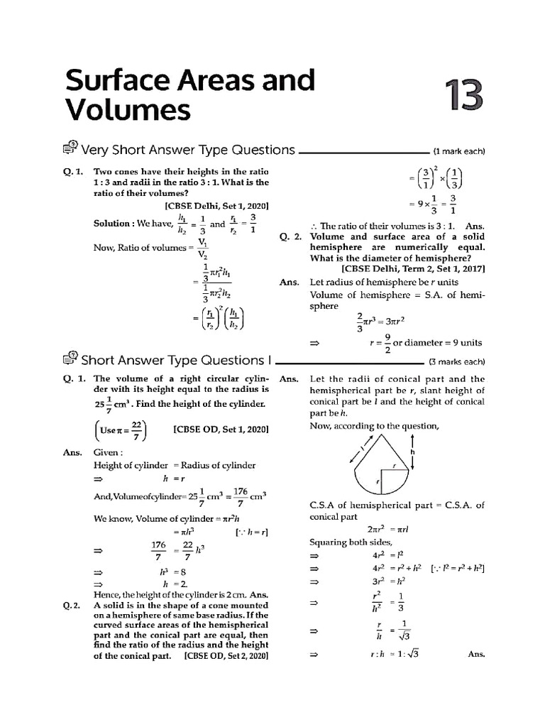 10th Maths Ch13 Surface Area & Volume Important Questions 2021 22 | PDF