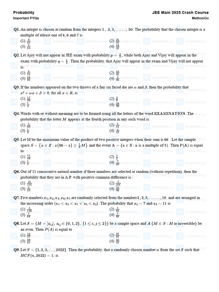 Important PYQs - Probability | PDF | Probability Theory