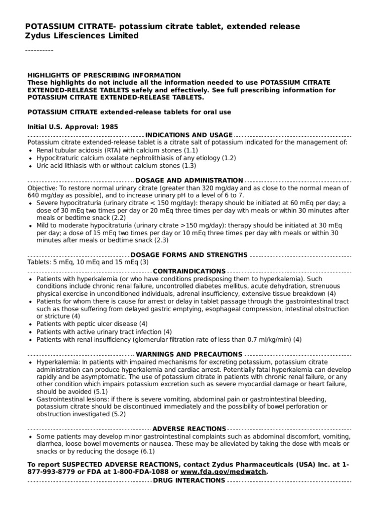 POTASSIUM CITRATE - Potassium Citrate Tablet, Extended Release Zydus ...