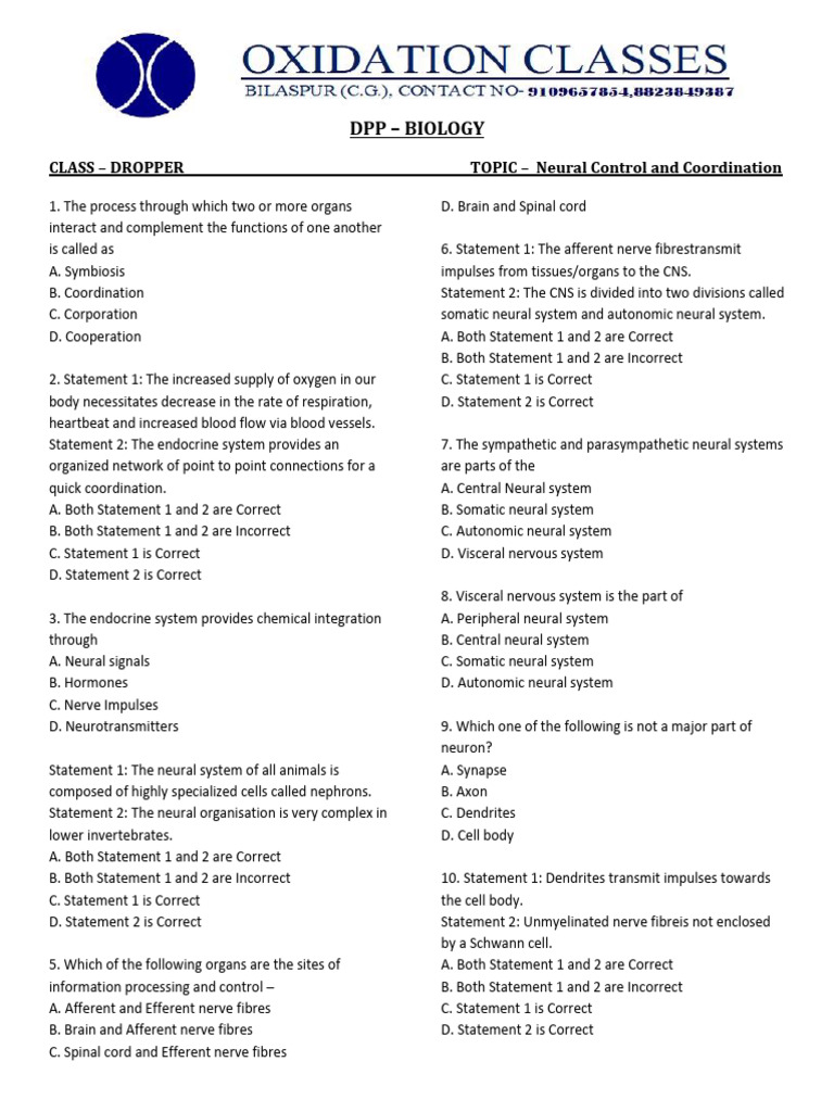 DPP - 1 Neural Control and Coordination | PDF | Nervous System | Neuron