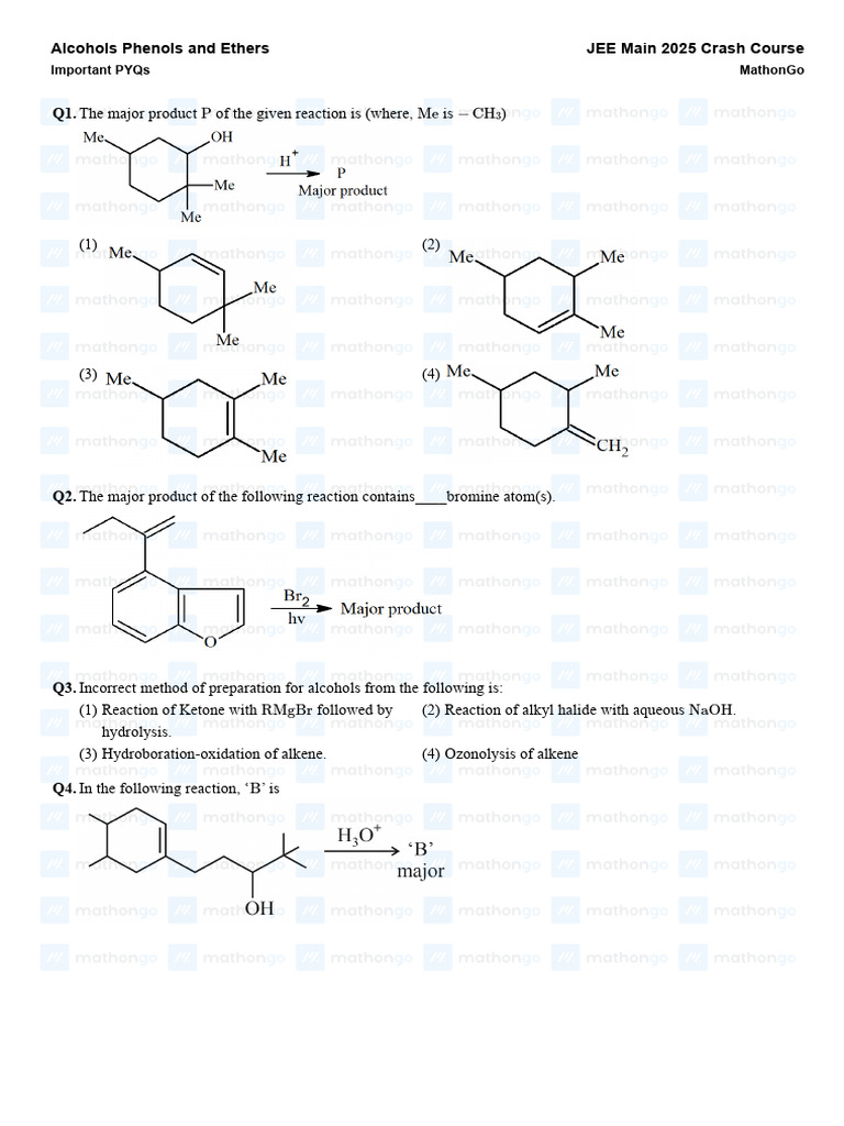 JEE Main 2025: Alcohols, Phenols, Ethers PYQs | PDF | Alkene | Molecules