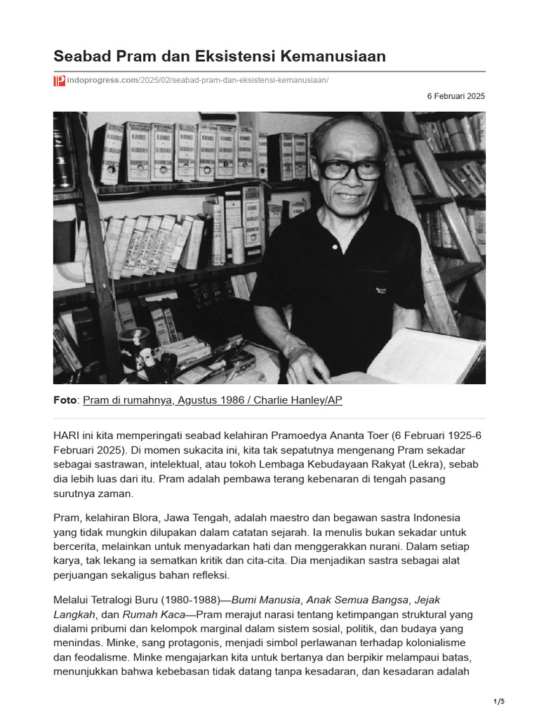 Seabad Pramoedya: Warisan Sastra dan Kemanusiaan | PDF