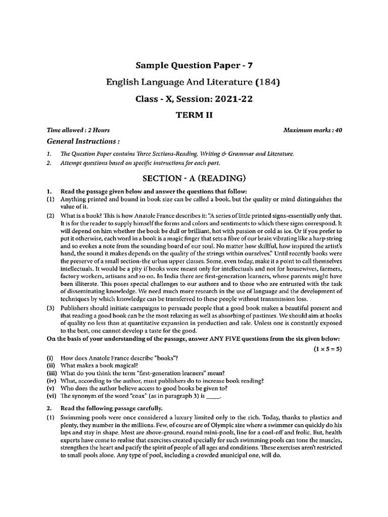 10th English Sample Paper-7 Term-2 (2021-22) | PDF
