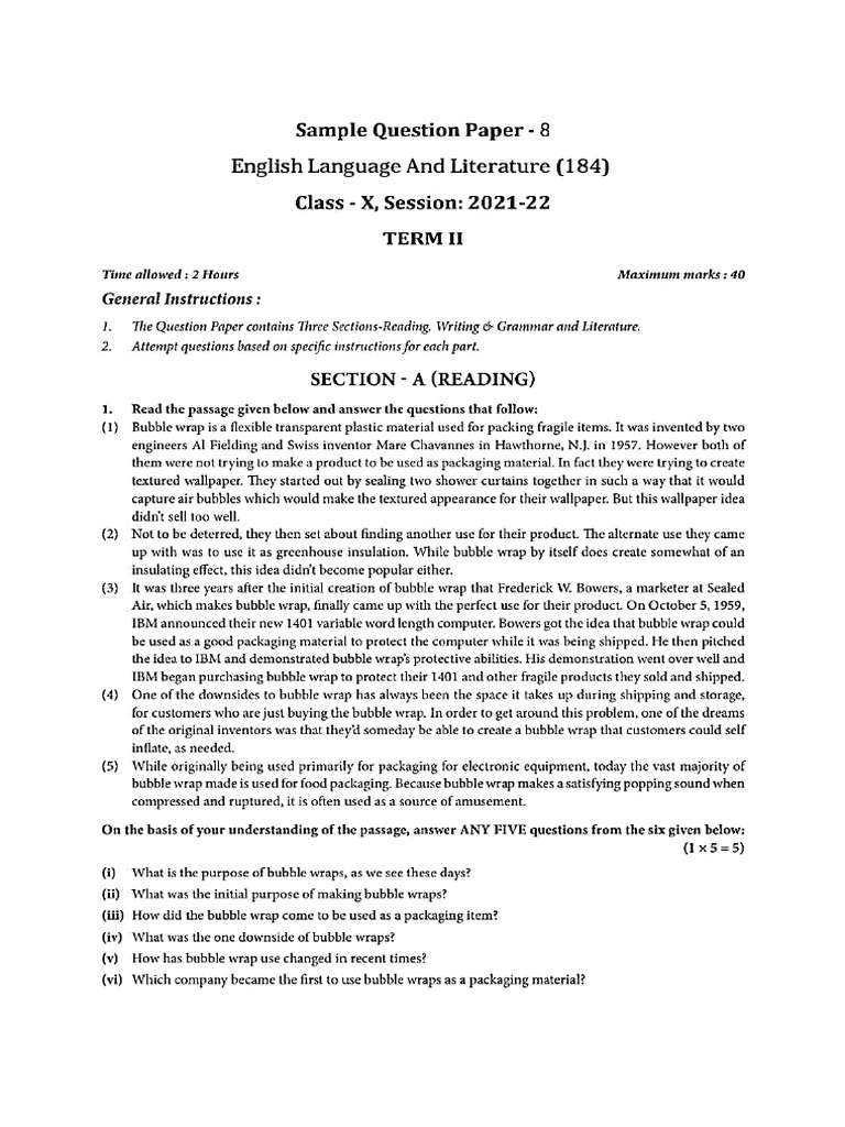 10th English Sample Paper-8 Term-2 (2021-22) | PDF