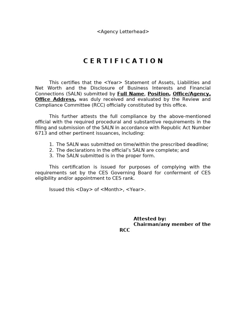 SALN Compliance Certification Document | PDF