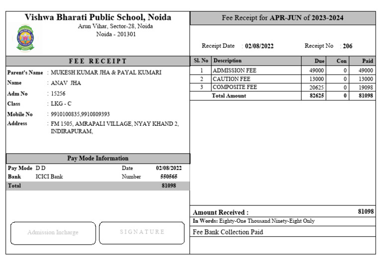 Fee Receipt for Anav Jha, LKG-C | PDF