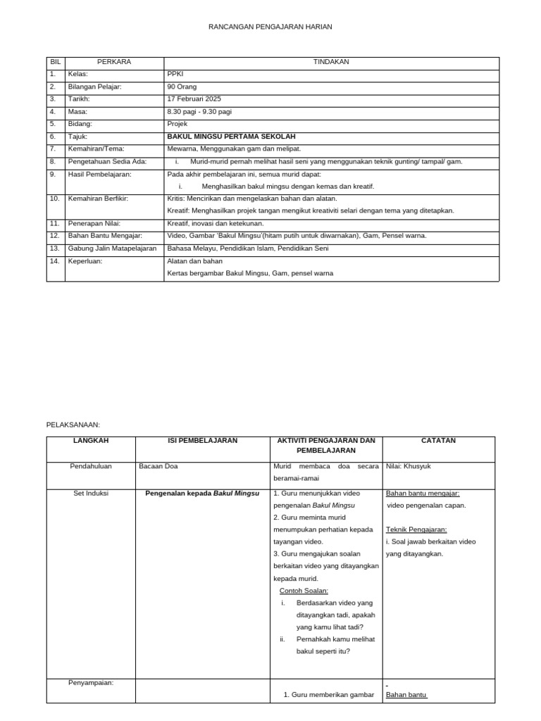 Contoh RPH Projek Seni | PDF
