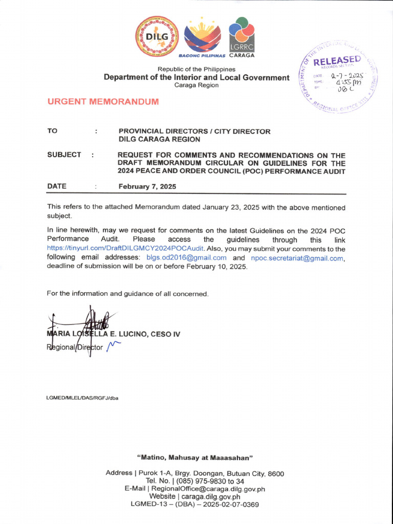 URGENT MEMO Request For Comment and Recommendation On The Draft MC ON ...