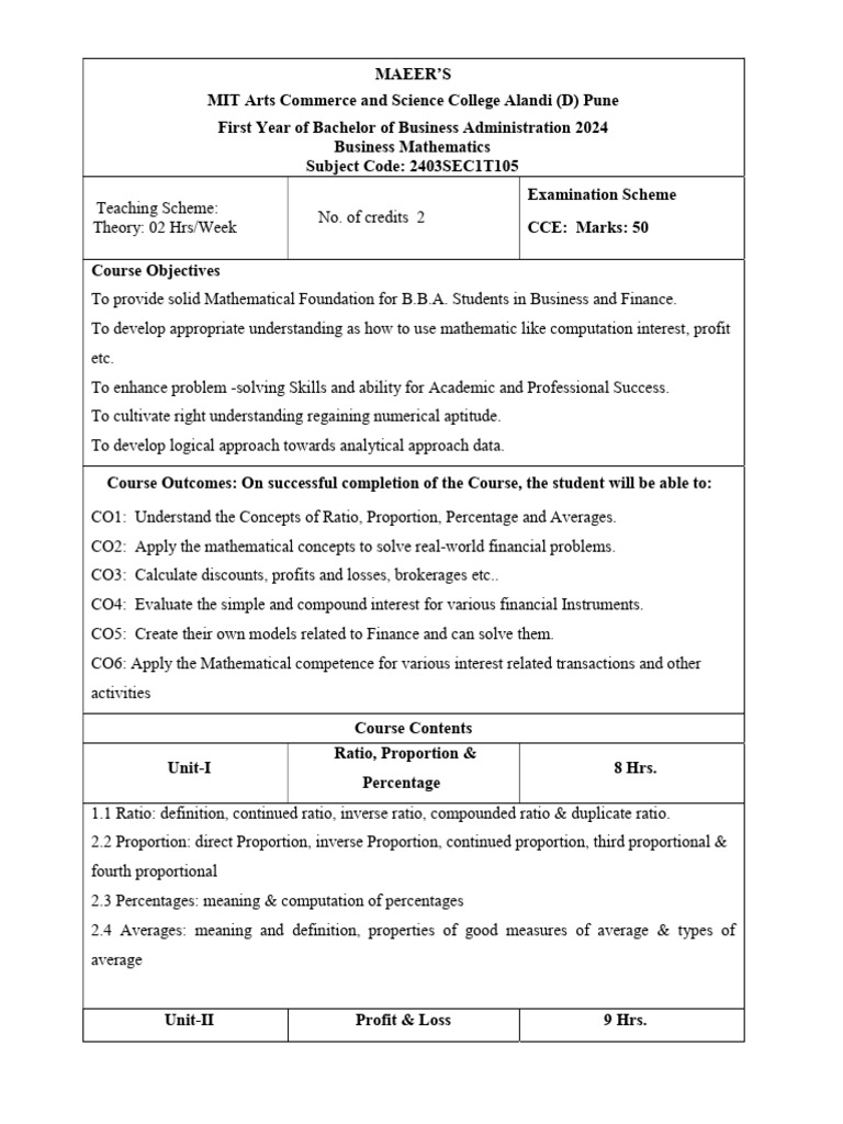 BBA Syllabus - Business Math | PDF | Interest | Mathematics