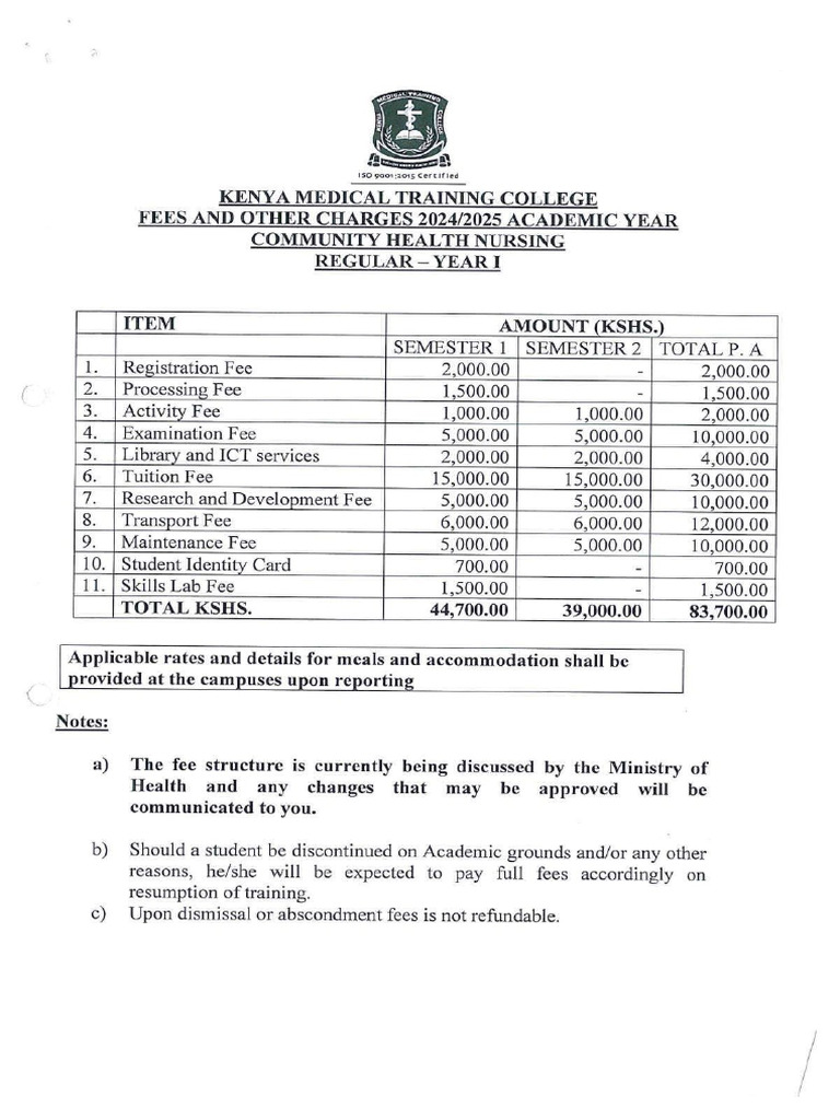KMTC Fees and Other Charges For 2024 2025 1 | PDF