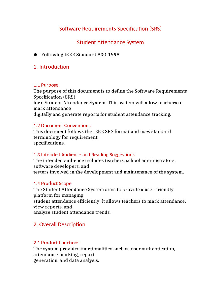 Student Attendance System Srs Guide Pdf