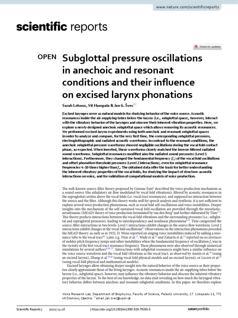Subglottal Pressure Oscillations in Anechoic and Resonant Conditions ...