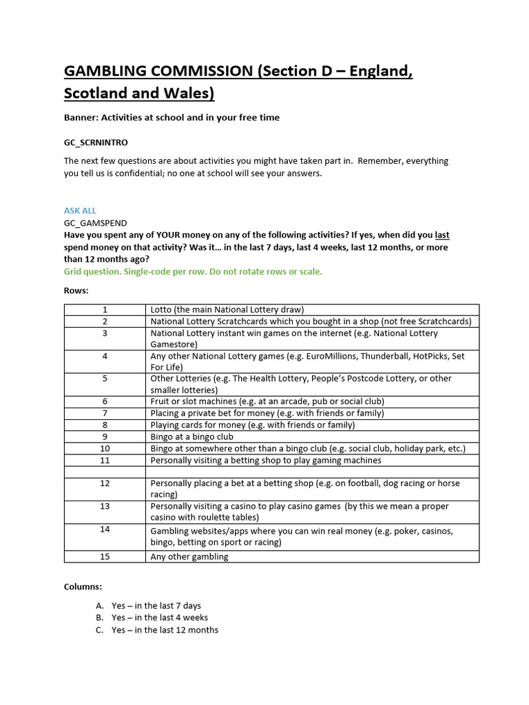 Young People and Gambling 2020 Questionnaire | PDF | Gambling | Gaming