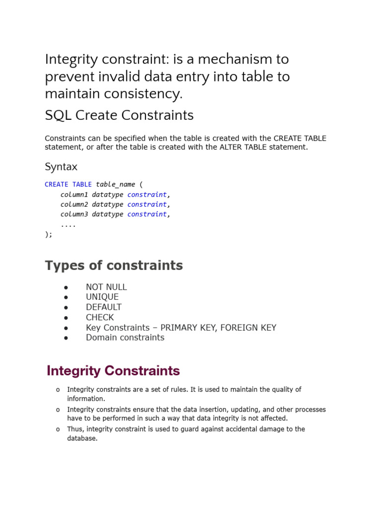 SQL Integrity Constraints Guide | PDF | Relational Database | Computer Programming