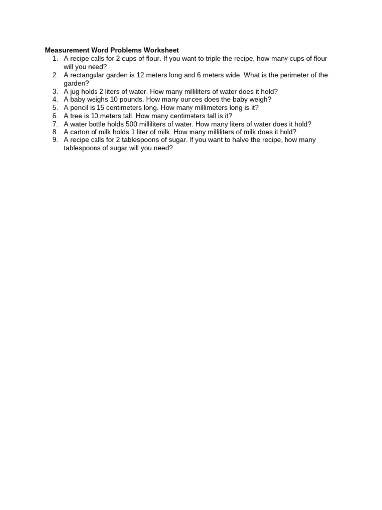 Measurement Word Problems Worksheet | PDF