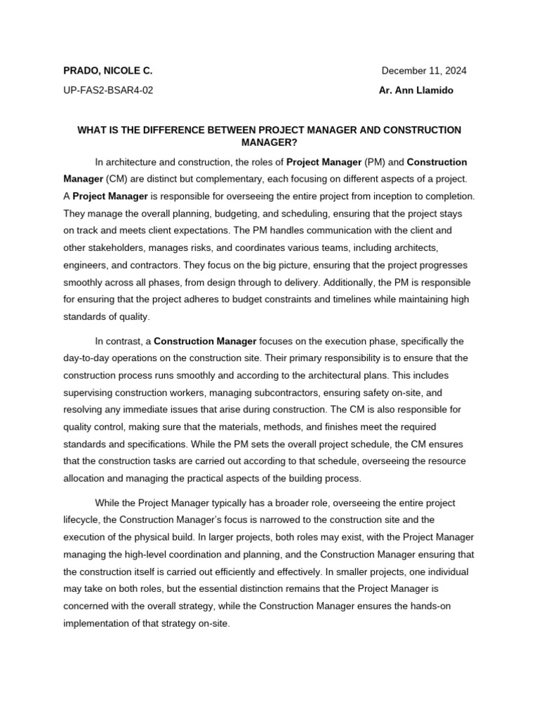 Construction Management Ass. 1 | PDF | Construction Management | Project Manager