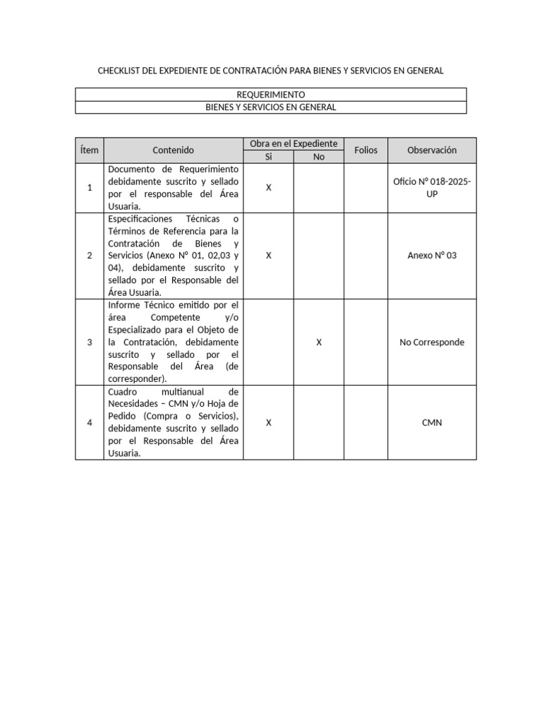 CHECKLIST DEL EXPEDIENTE DE CONTRATACIÓN PARA BIENES Y SERVICIOS EN GENERAL(2) | PDF