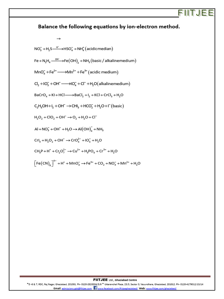 Balance The Following Equations by Ion-Electron Method. 2 | PDF ...