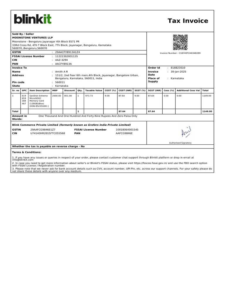 Tax Invoice for Moonstone Ventures and Blink Commerce | PDF | Invoice ...