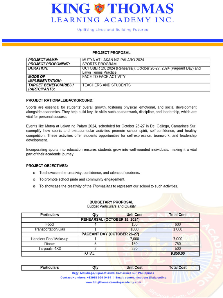 Mutya at Lakan ng Palaro 2024 Proposal | PDF | Social Psychology