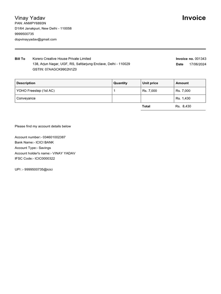 YOHO Freestep (1st AC) Invoice - 001343 | PDF | Business Documents