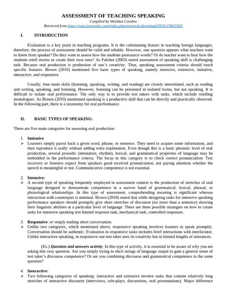 Assessment of Teaching Speaking | PDF | Vocabulary | Question