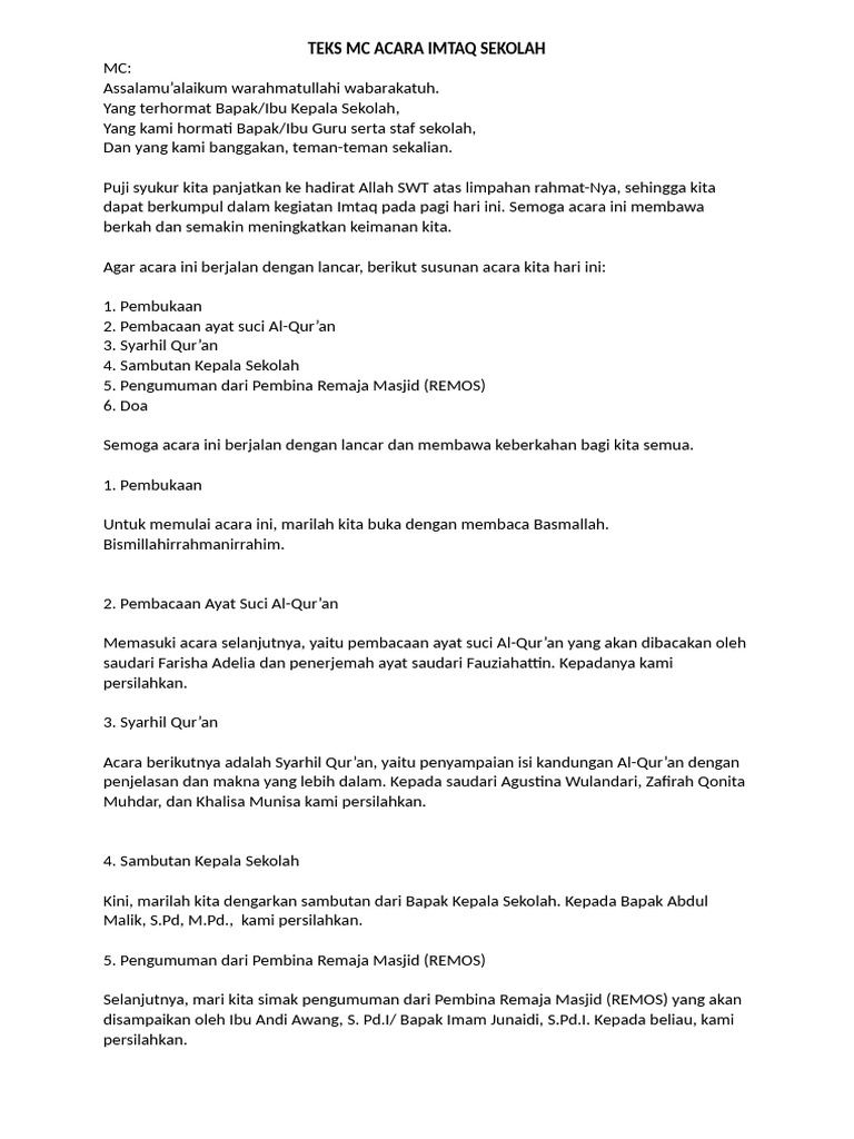 Teks MC Acara Imtaq Sekolah | PDF