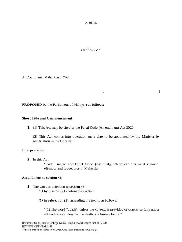 Draft Bill Example - Penal Code (Amendment) Act 2020 | PDF | Crimes | Crime & Violence