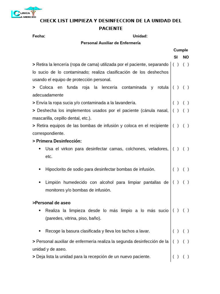 Check List Limpieza y Desinfeccion | PDF