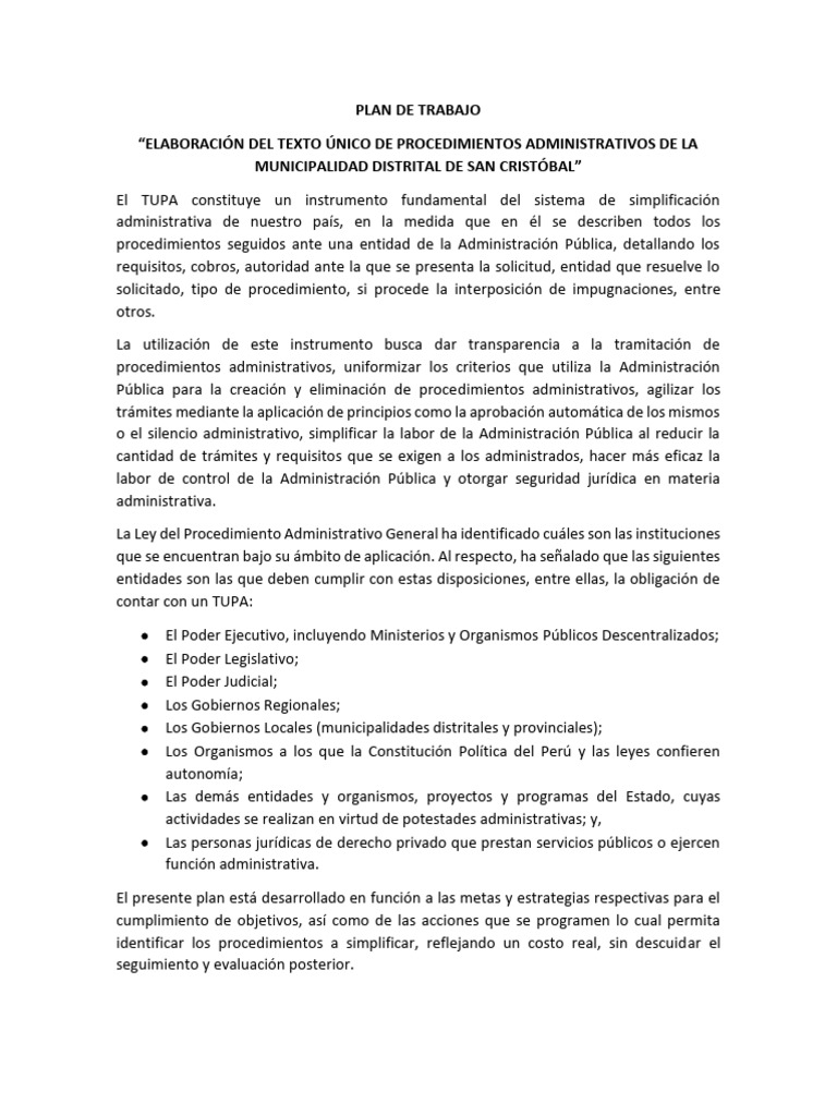Plan de Trabajo para TUPA San Cristóbal | PDF | Administración Pública ...