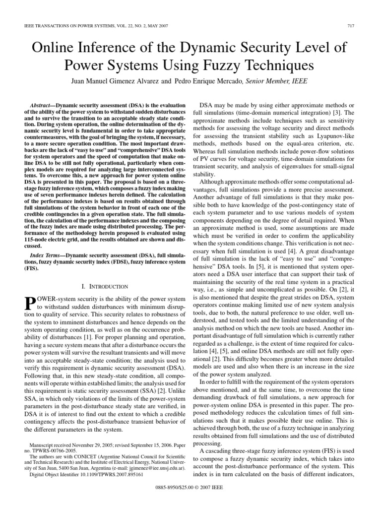 Online Inference of The Dynamic Security Level of Power Systems Using Fuzzy Techniques | PDF ...