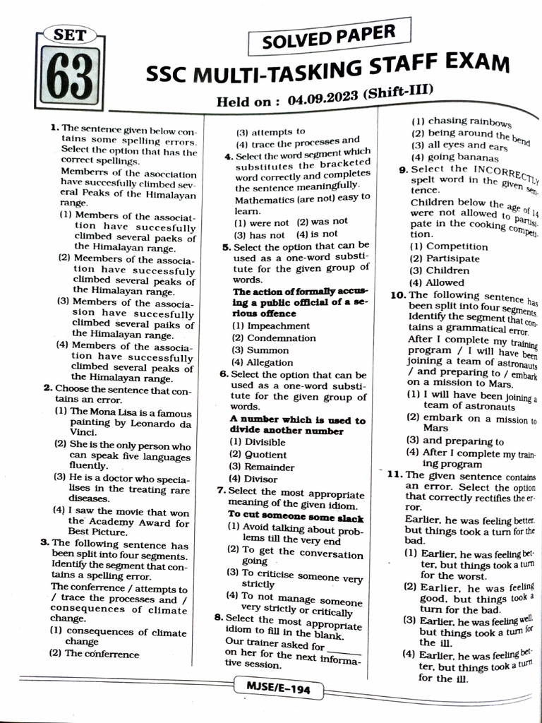 SSC MTS English Set 62 & 63 | PDF | Verb | Questionnaire