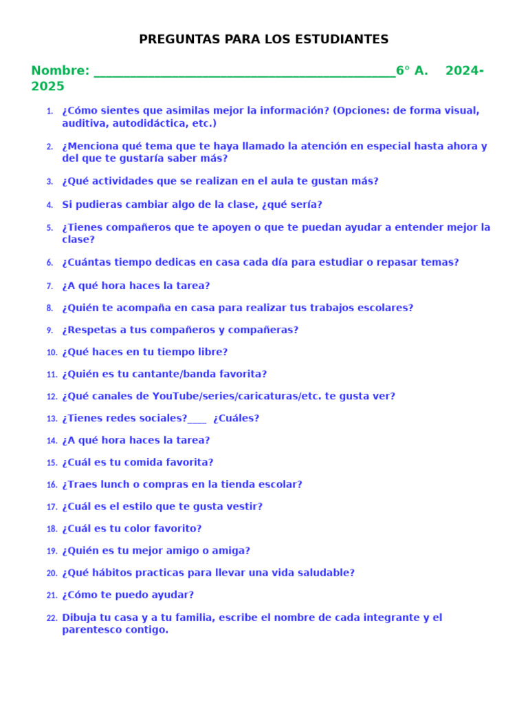 Encuesta para Estudiantes de 6° Grado | PDF