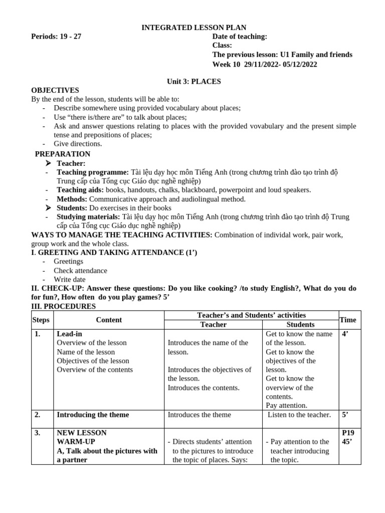 Integrated Lesson Plan: Places & Directions | PDF | Learning | Grammar