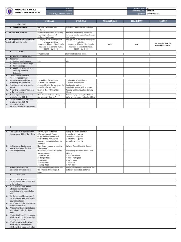 DLL_MAPEH 3_Q2_W4 | PDF | Teachers | Learning