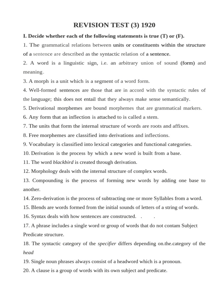 syntax TEST 2 WITH ANSWER | PDF | Morphology (Linguistics) | Word