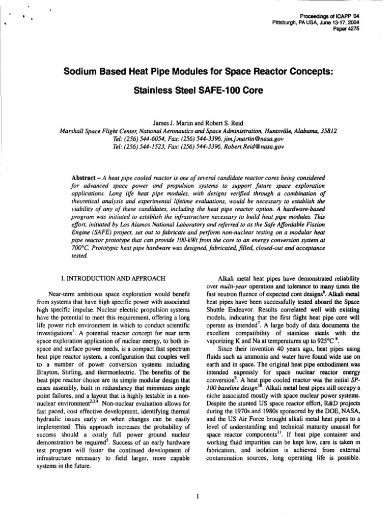 MARTIN J. Sodium Based Heat Pipe Modules For Space Reactor Concepts ...