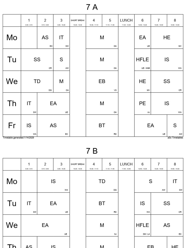 CLASS TIMETABLE 2025 | PDF