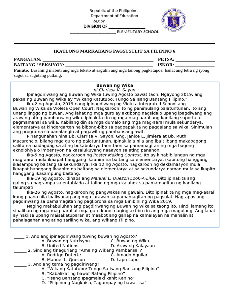 Pt-Filipino-6-Q3 V2 | PDF