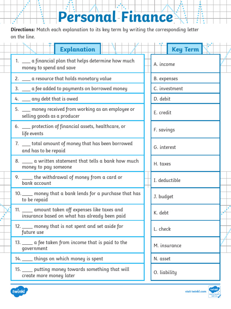 Color Personal Finance Matching Activity for 6th-8th Grade | PDF