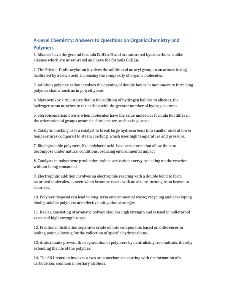 A Level Chemistry Organic and Polymers Answers | PDF | Alkene | Polymers