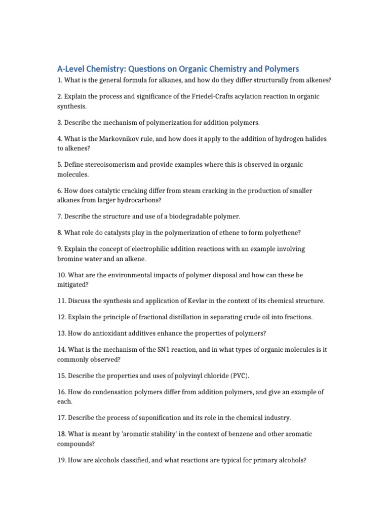 A Level Chemistry Organic and Polymers Questions | PDF