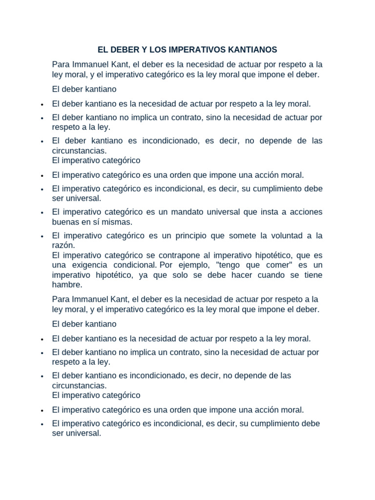 El Deber y Los Imperativos Kantianos | PDF | Immanuel Kant | Idealismo alemán