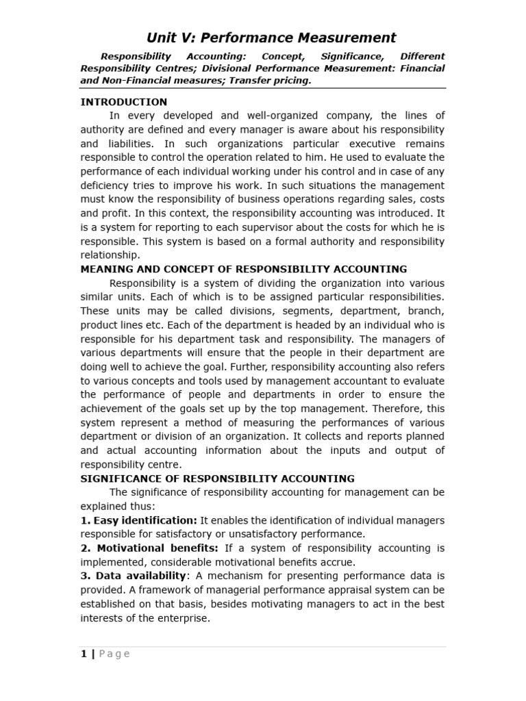 UNIT-V Performance Measurement | PDF | Revenue | Return On Investment