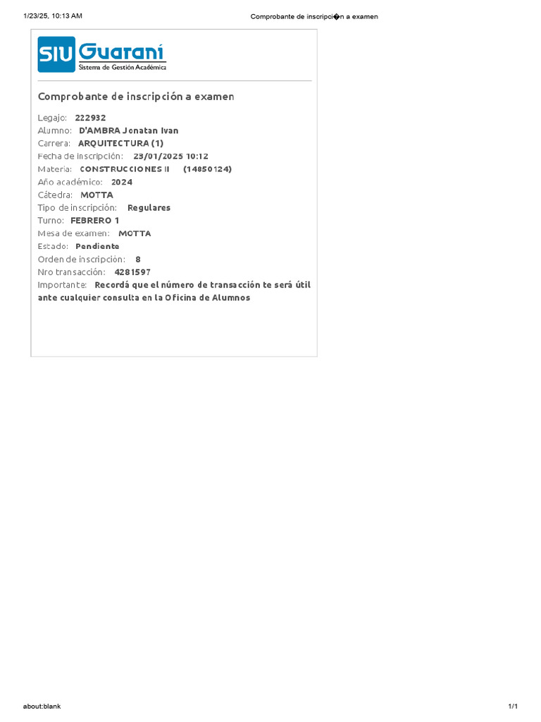 Comprobante de inscripci n a examen | PDF