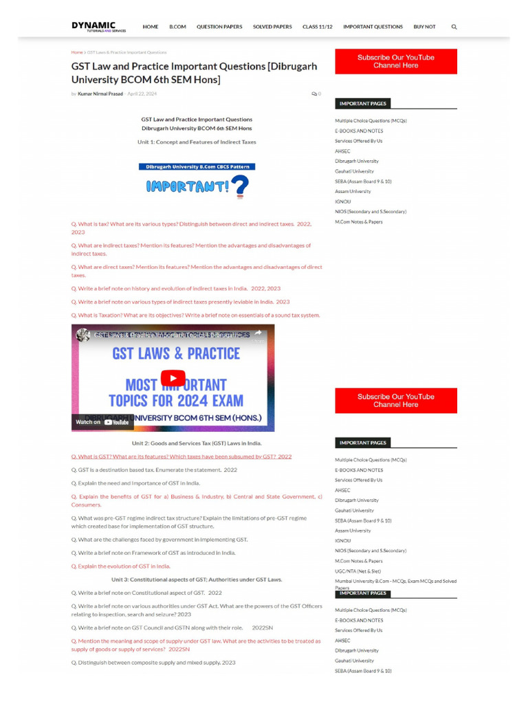 GST Law and Practice Important Questions | PDF