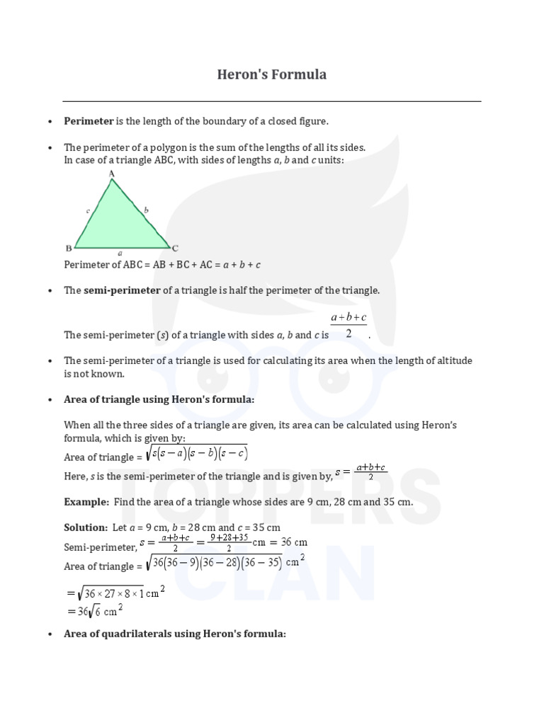 Heron's Formula for Triangle Area Calculation | PDF
