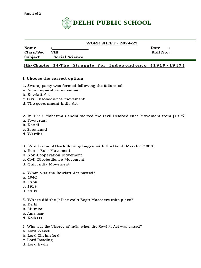 Social Science Worksheet on Indian Independence | PDF | Mahatma Gandhi ...