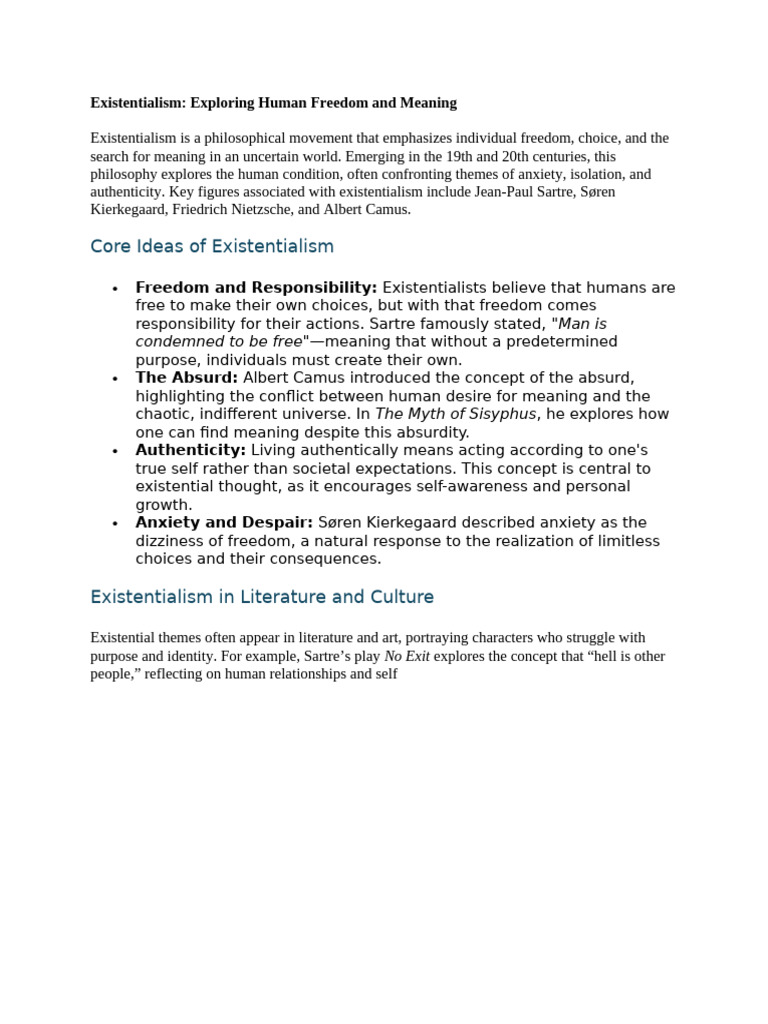 Understanding Existentialism: Freedom & Meaning | PDF